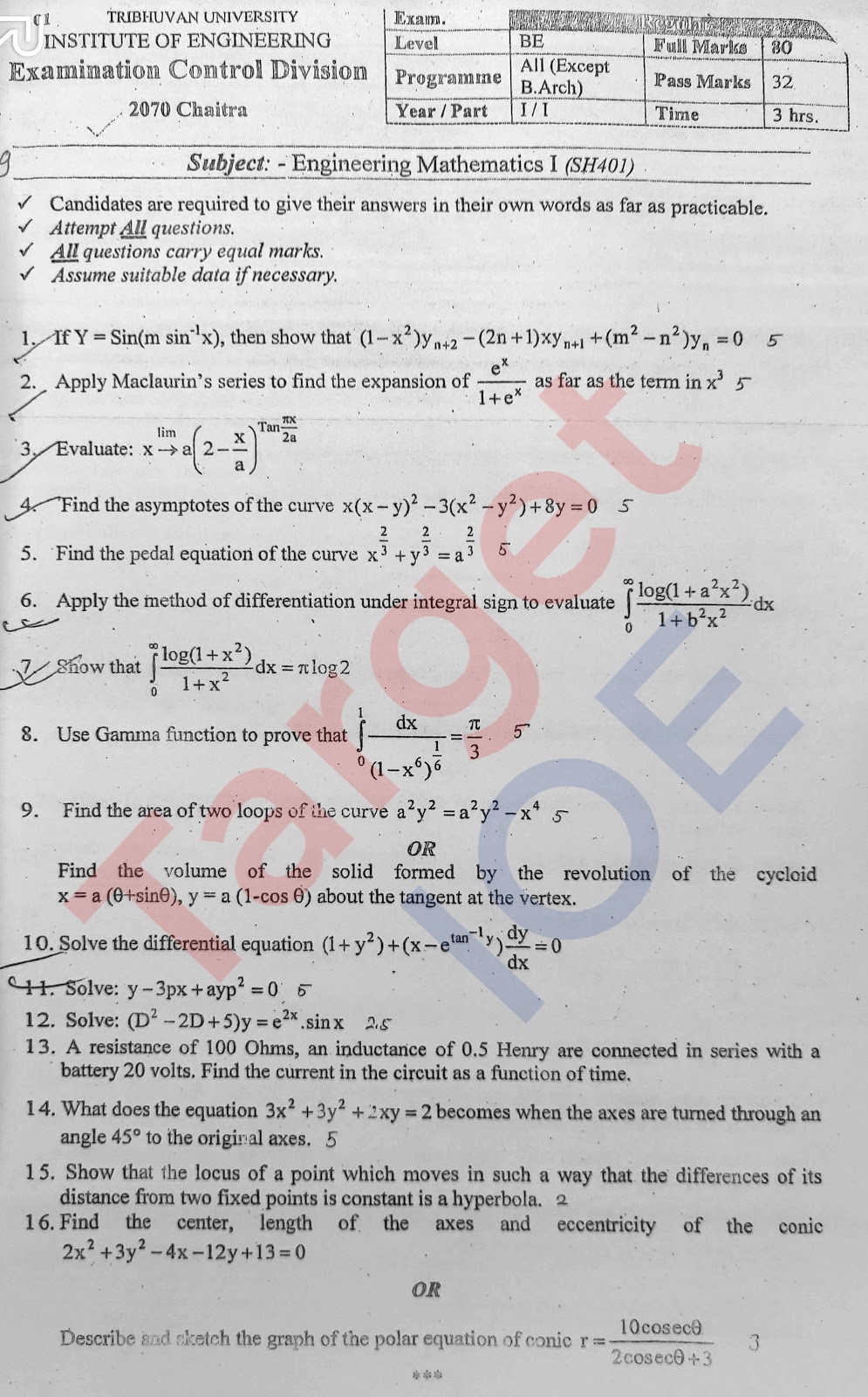 Set #5 Model Questions Of Engineering Math 1 With Solutions