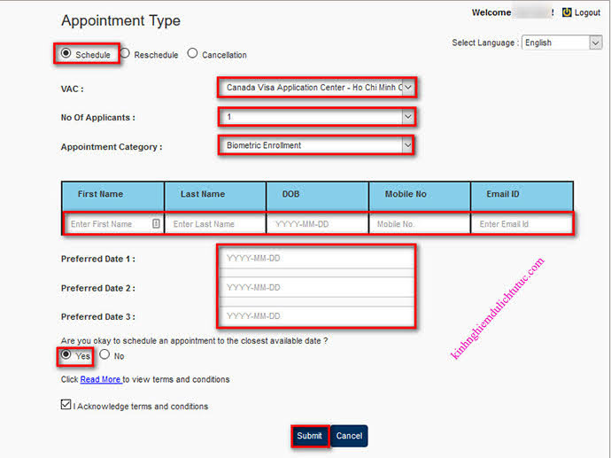 Hướng dẫn đặt lịch hẹn VFS Global để lấy sinh trắc học