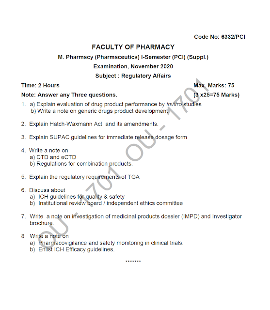 Osmania University M. Pharmacy (pharmaceutics) I-Semester (PCI) (Suppl ...