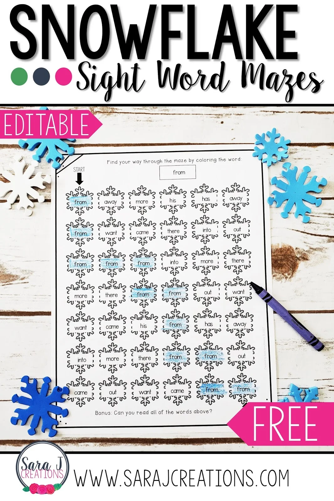 Winter Snowflake EDITABLE Sight Word Mazes | Sara J Creations