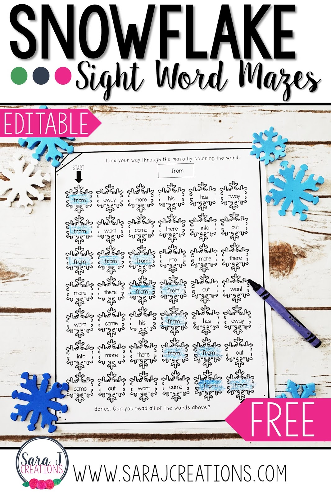 Winter Snowflake EDITABLE Sight Word Mazes | Sara J Creations