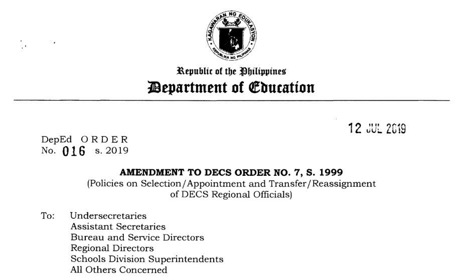 Amendment of DECS Order No. 7, s. 1999 (Policies on Selection ...