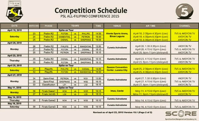 List of PSL All-Filipino Cup 2015 Complete Game Schedules