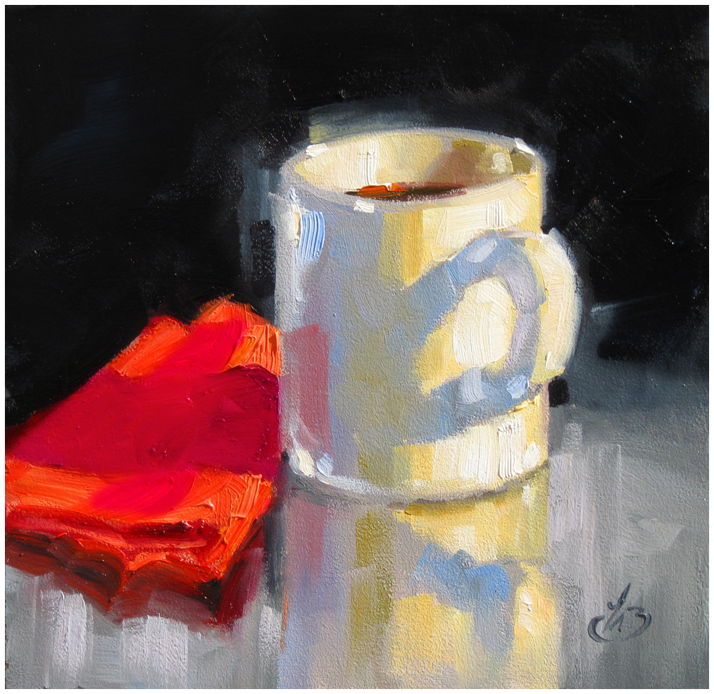 TOM BROWN FINE ART: COFFEE CUP, RED NAPKIN, COLORFUL 6x6 inch STILL ...