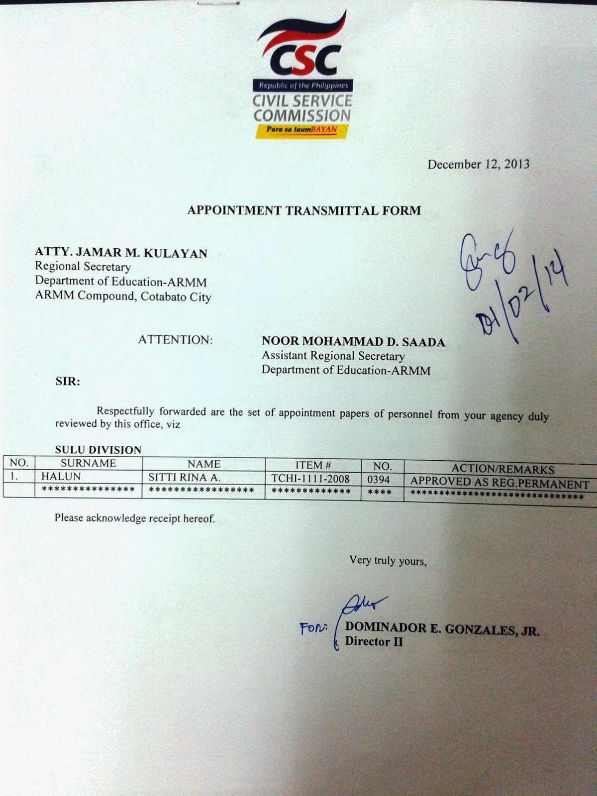 .: Mixed Sulu appointment attested and released by CSC January 2, 2014