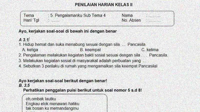 Soal Penilaian Harian Kelas 2 Tema 5 Subtema 4 dan Kunci Jawaban - SekolahDasar.Net