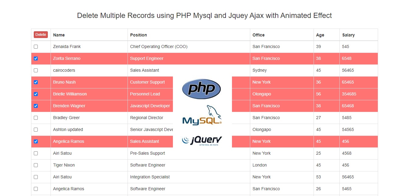 Delete Multiple Records using PHP Mysql and Jquey Ajax with Animated ... Delete Multiple Records using PHP Mysql and Jquey Ajax with Animated ...