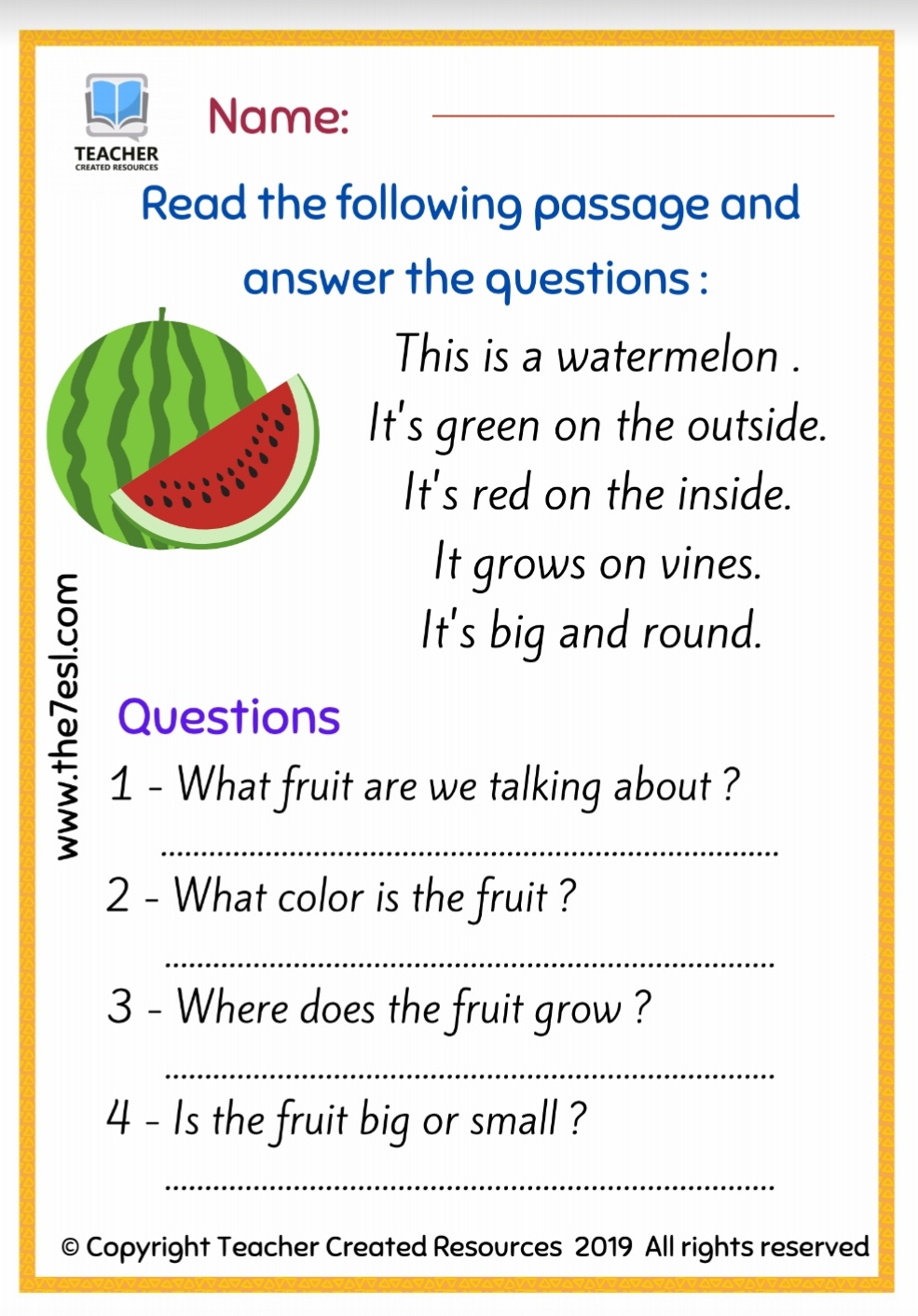 Reading Comprehension Fruits Part 2