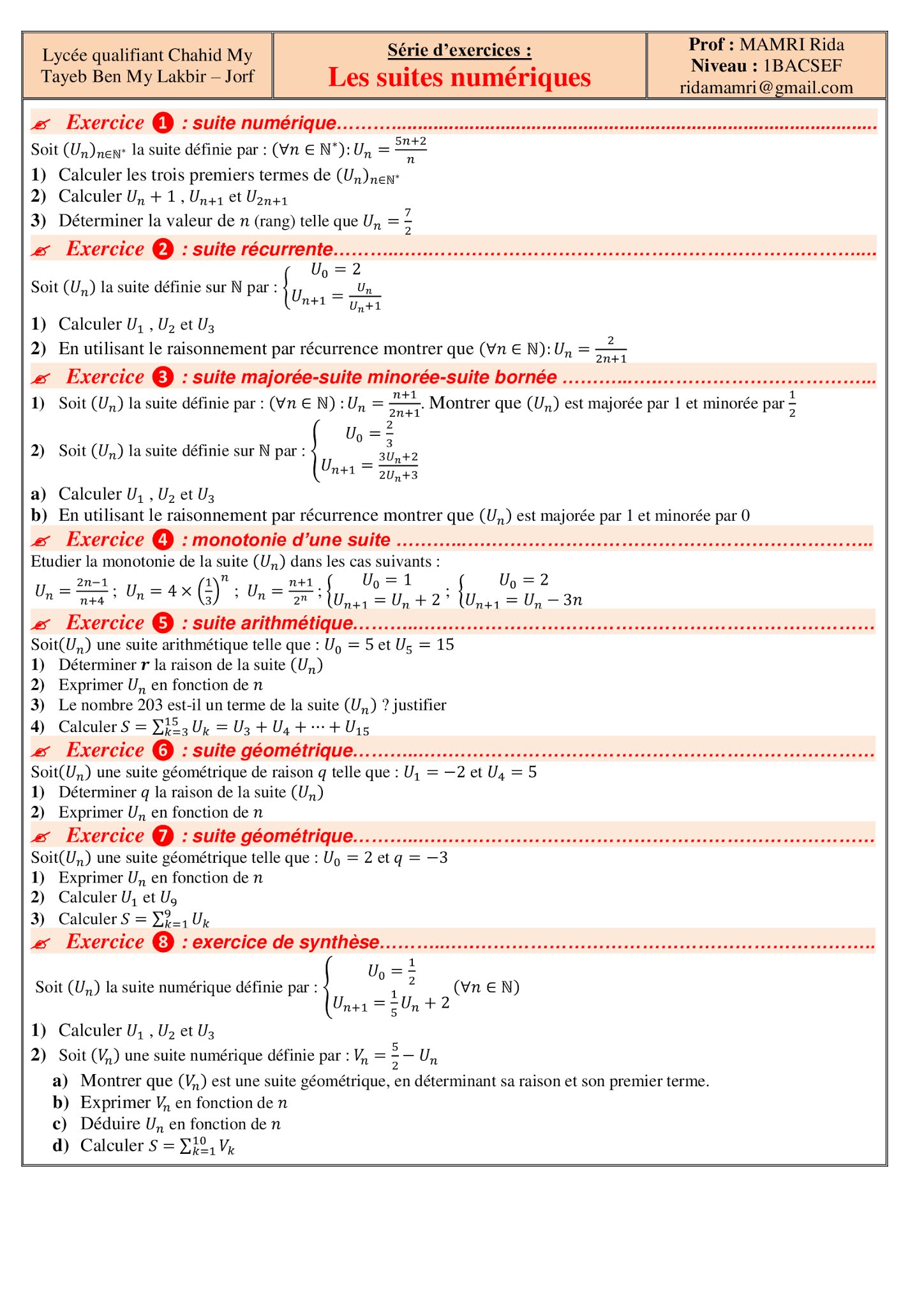 Série Dexercice Les Suites Numériques 1bacsef Mathsplus