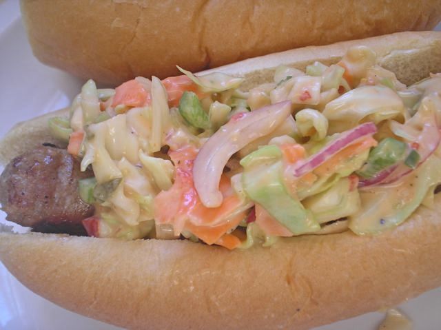 The Briny Lemon: Beer-Brined Brats with Hot Thousand Island Slaw