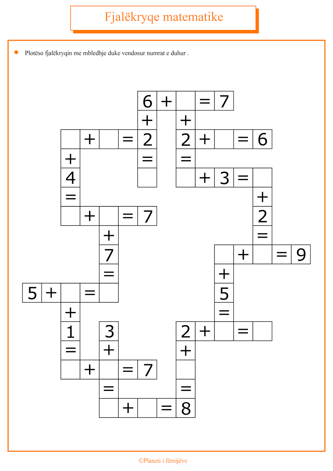 Planeti i femijeve: Fjalëkryqe matematike me mbledhje dhe zbritje