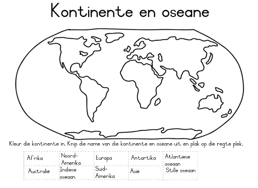 Stroom-op Akademie: Gratis Tema Werkskaarte: Kontinente en oseane