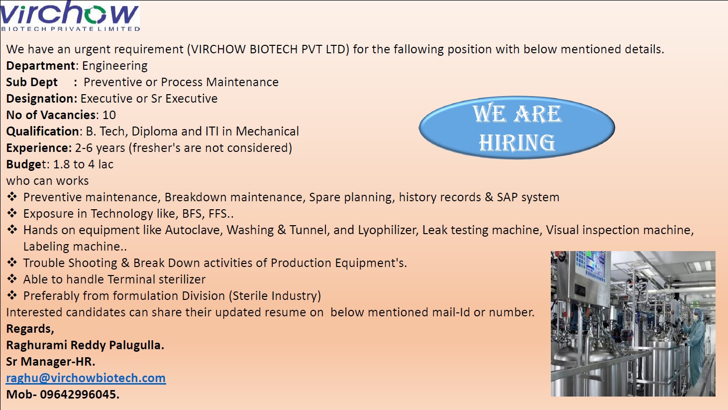 JOB ALERTS HUB: VIRCHOW BIOTECH PVT. LTD - Urgent Requirement for Freshers & Experienced B.Sc ...