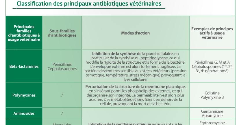 classification des principaux antibiotiques vétérinaires