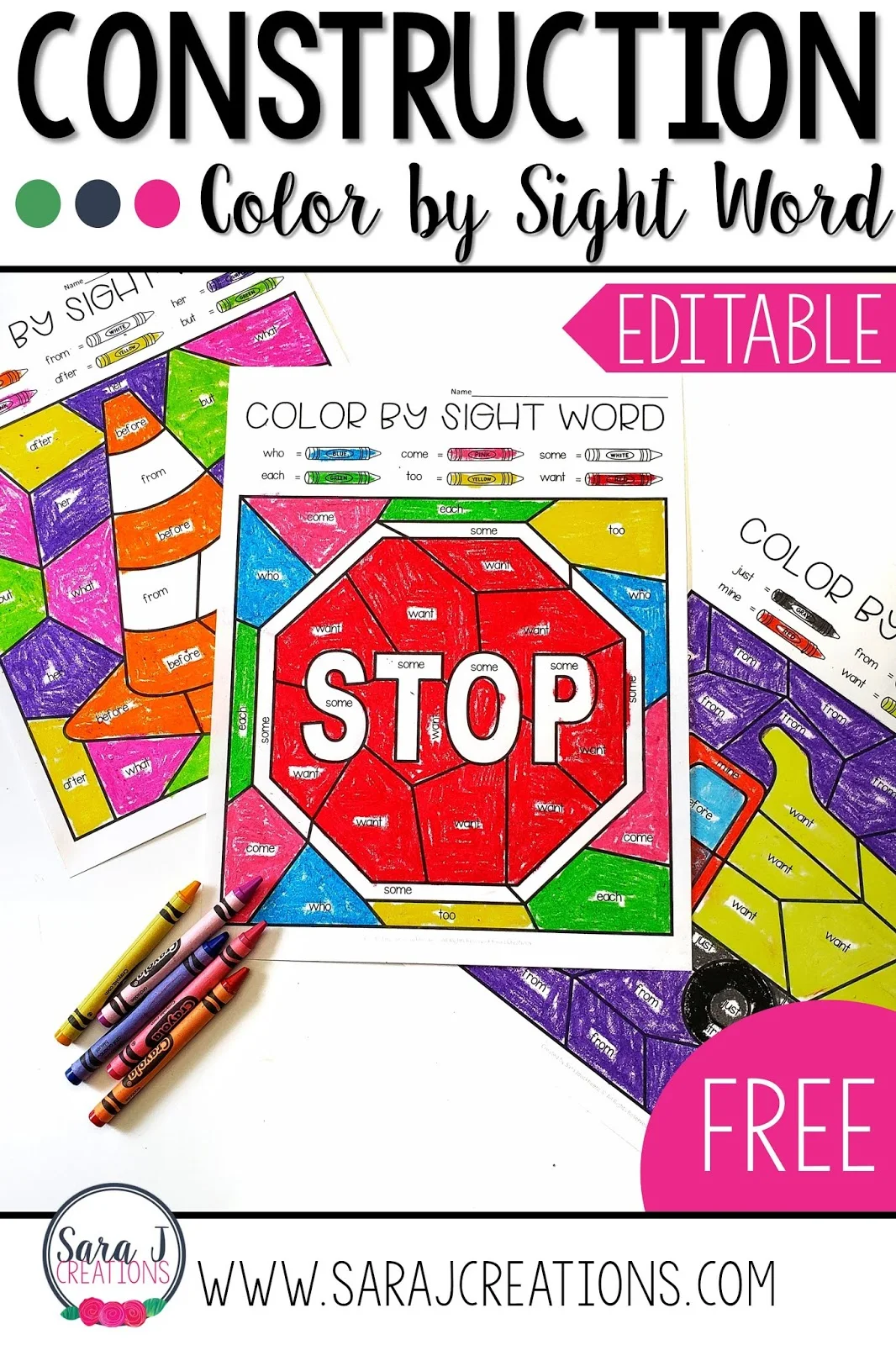 Construction Color by Sight Word Editable Coloring Pages | Sara J Creations