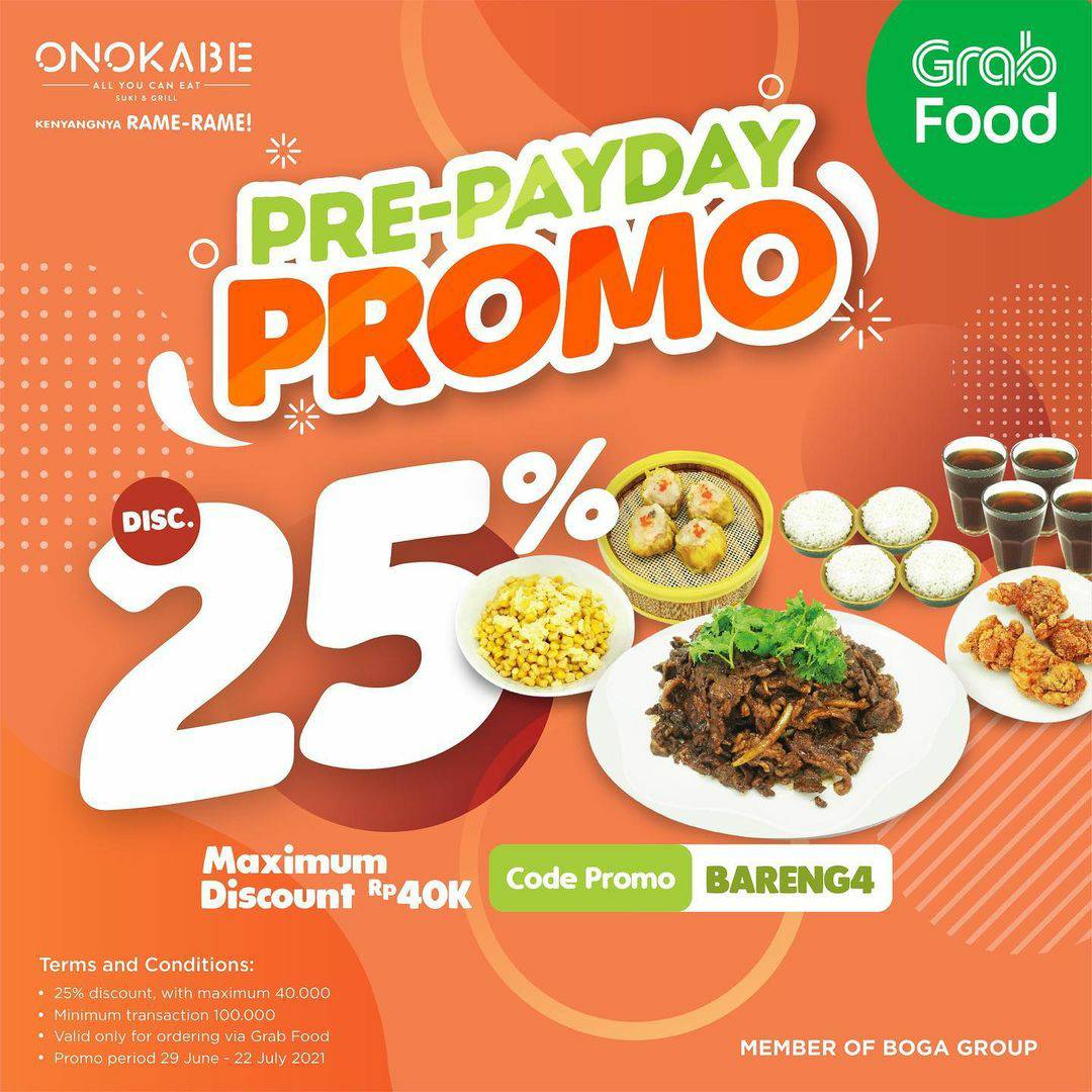 ONOKABE Pre-Payday Promo Diskon hingga 25% via GRABFOOD - scanharga