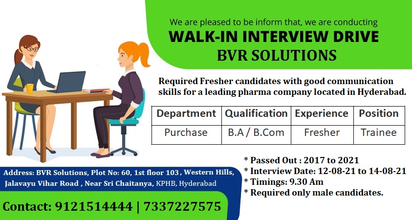 Walk-In Interviews for FRESHERS – Purchase Dept. on 12th to 14th Aug’ 2021 - JOB ALERTS HUB