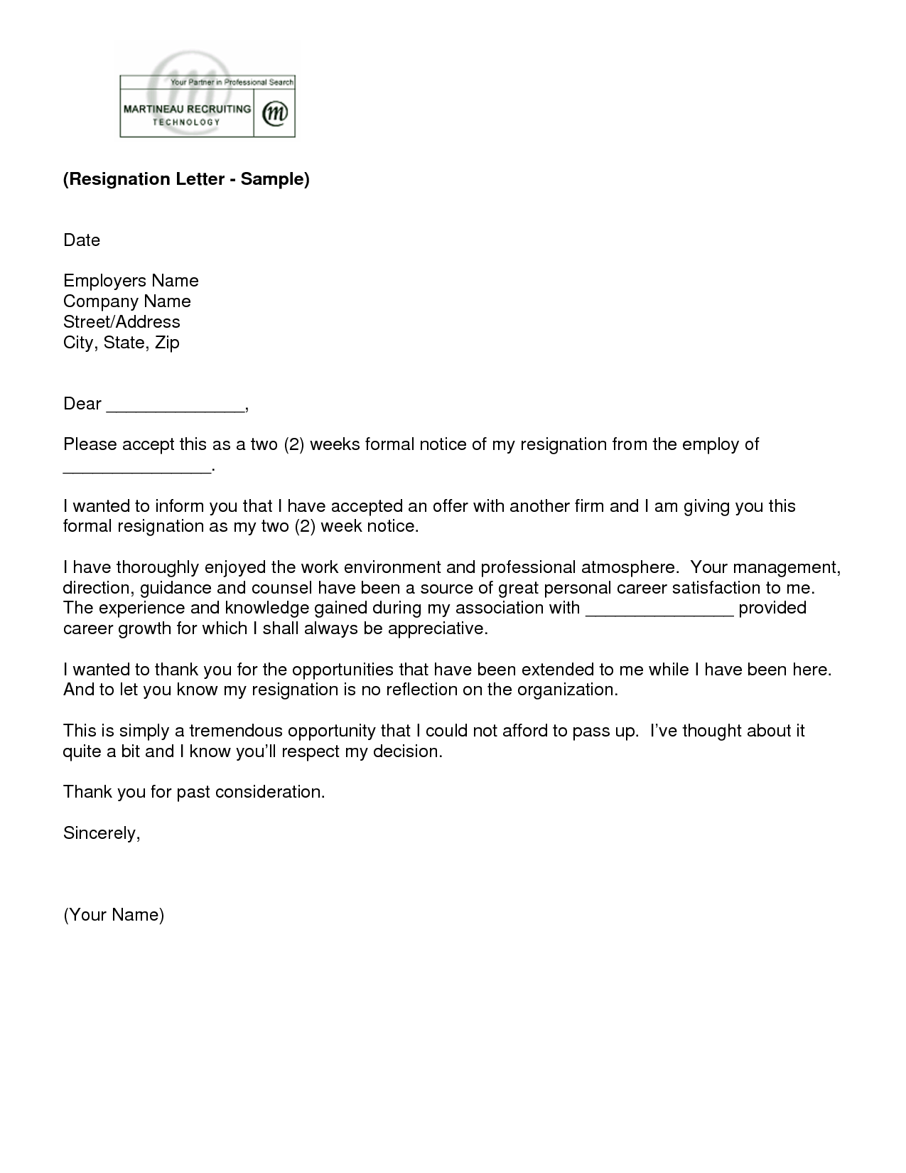 Formal Resignation Letter With 2 Weeks Notice - Formal Letter