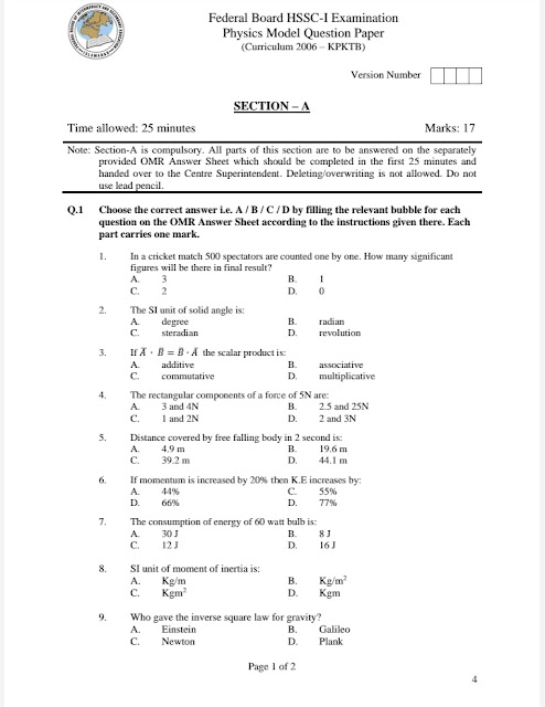 FBISE Class 11 Physics Model Paper with pattern & scheme of studies ...