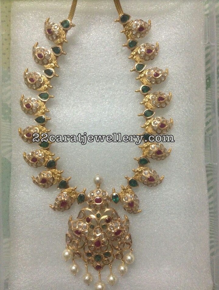 Uncut Diamond Mango Necklace with Emeralds - Jewellery Designs