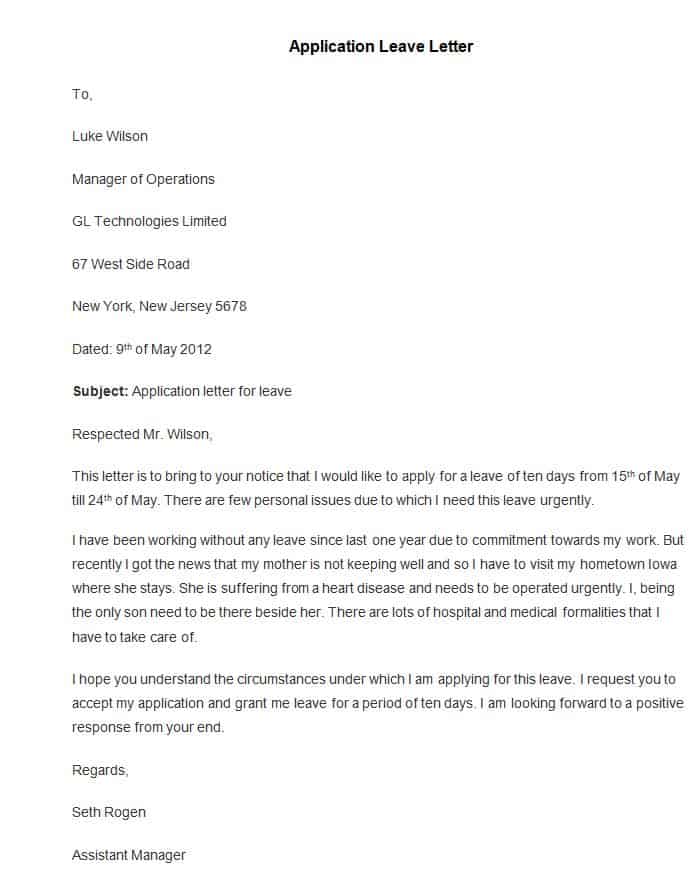 Leave Application Letter Word Format - Birthday Letter