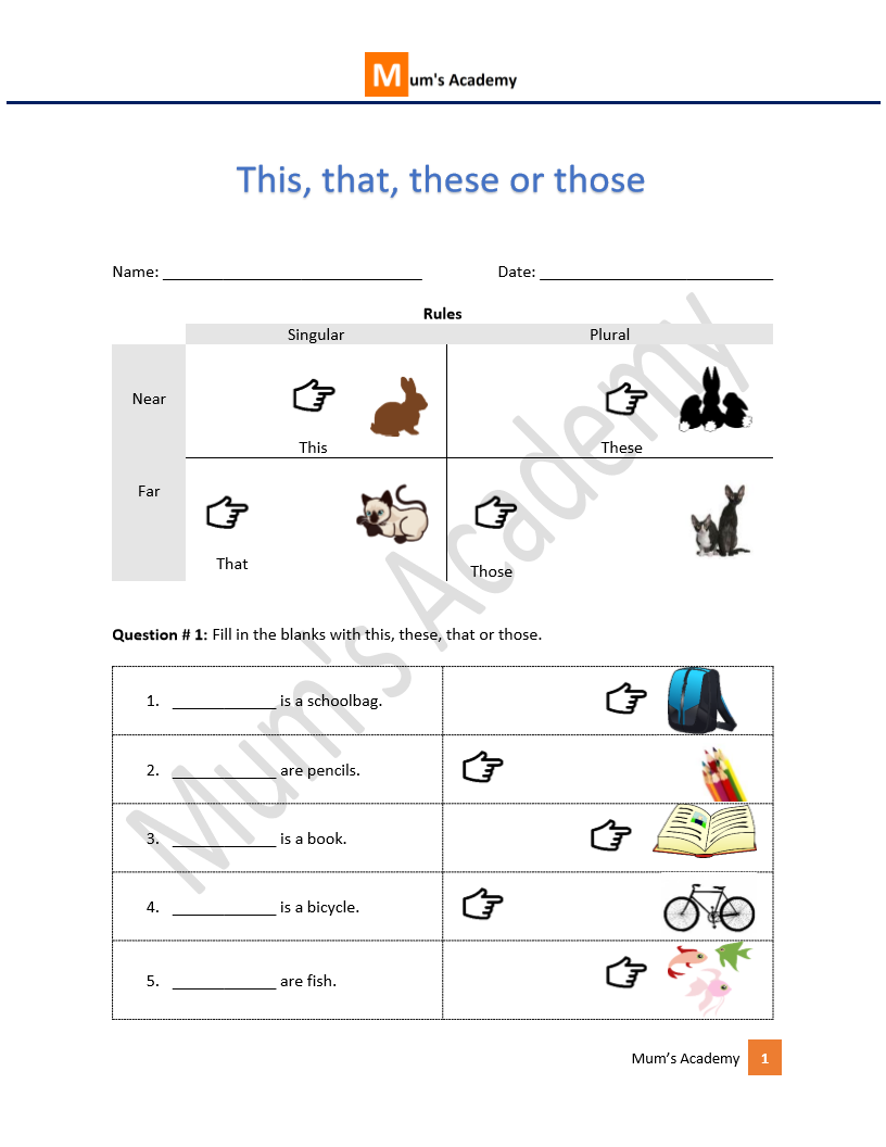 Grade 1 - Worksheet - This, that, these or those - Mum's Academy