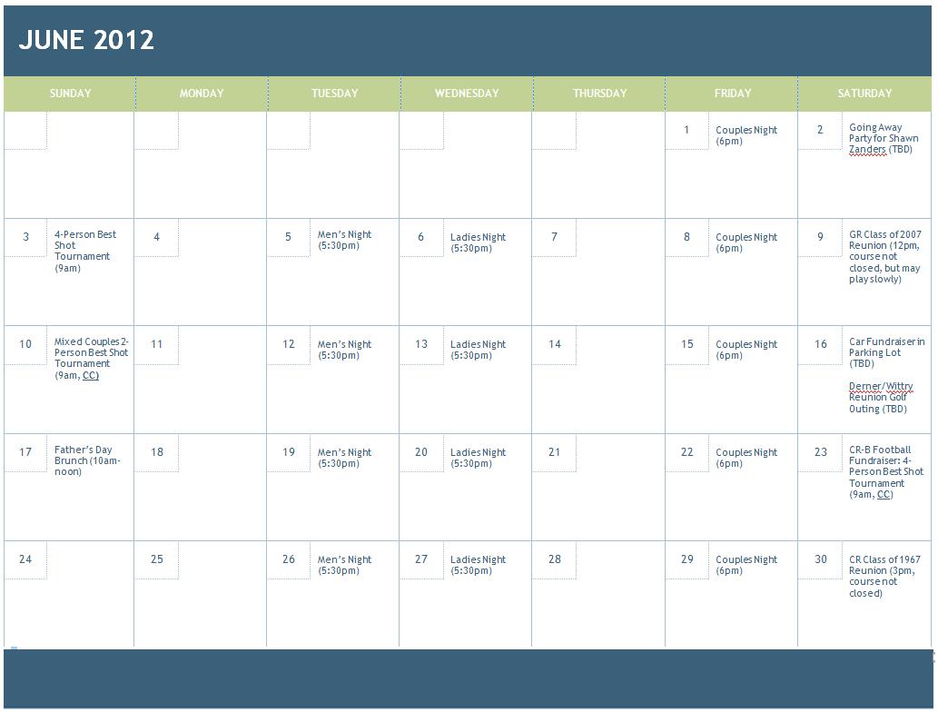 Calendar ~ Coon Rapids Golf - Coon Rapids, Iowa