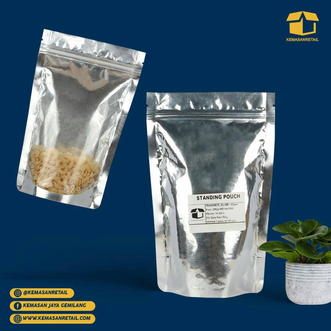 Kemasan Standing Pouch Silver Transmetz Zipper | Packaging Bandung ...