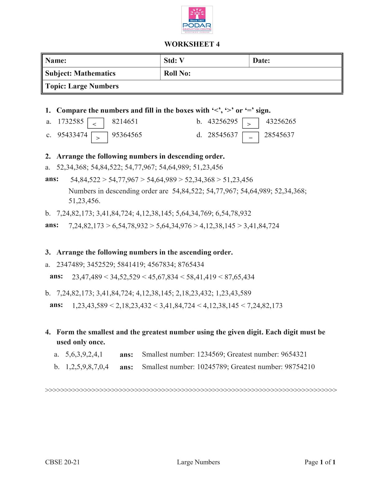 Math Ch-1 Large Numbers(workbook exercise and worksheets)