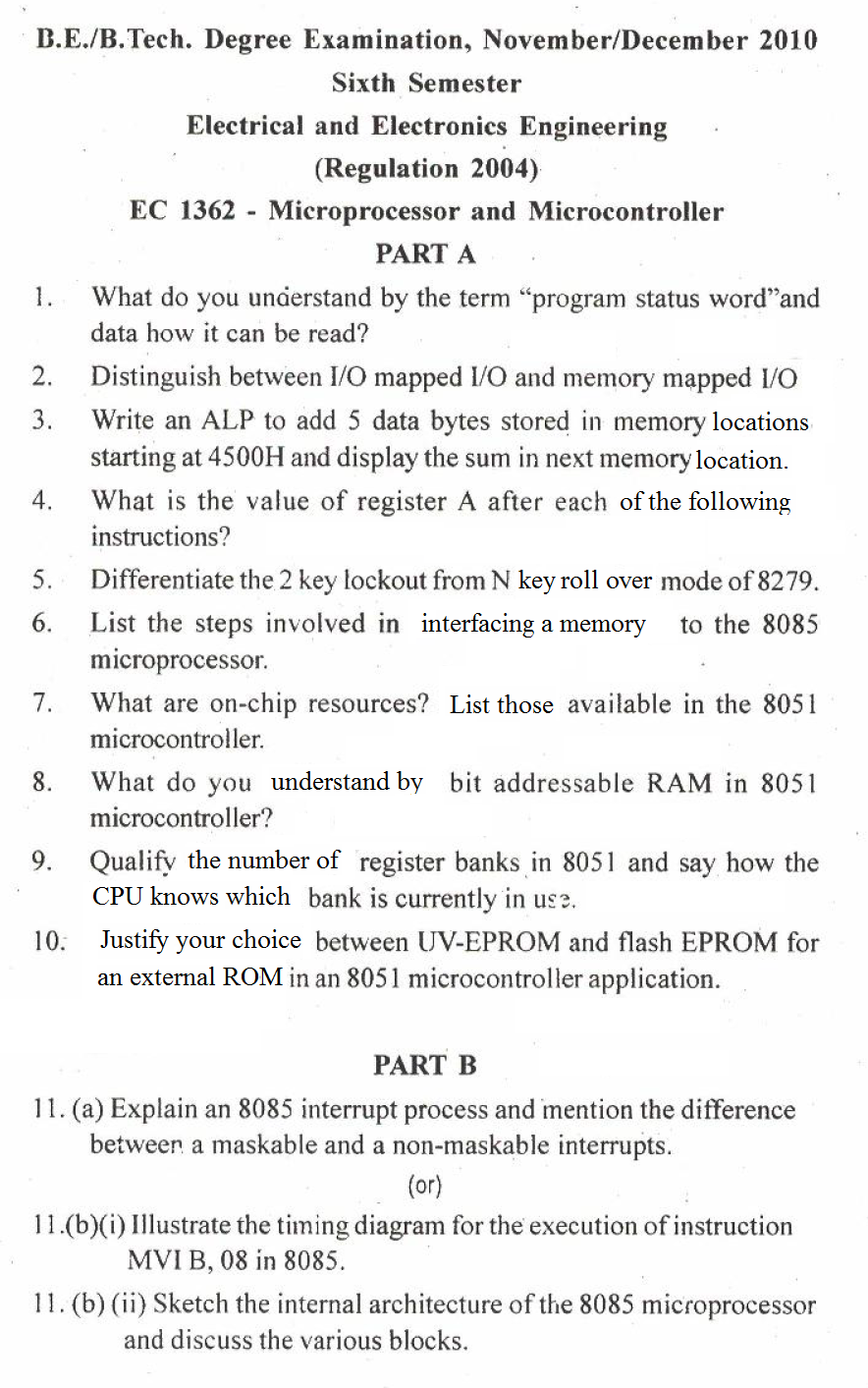 EE1362 Microprocessors and Microcontrollers Nov Dec 2010 Question Paper ...