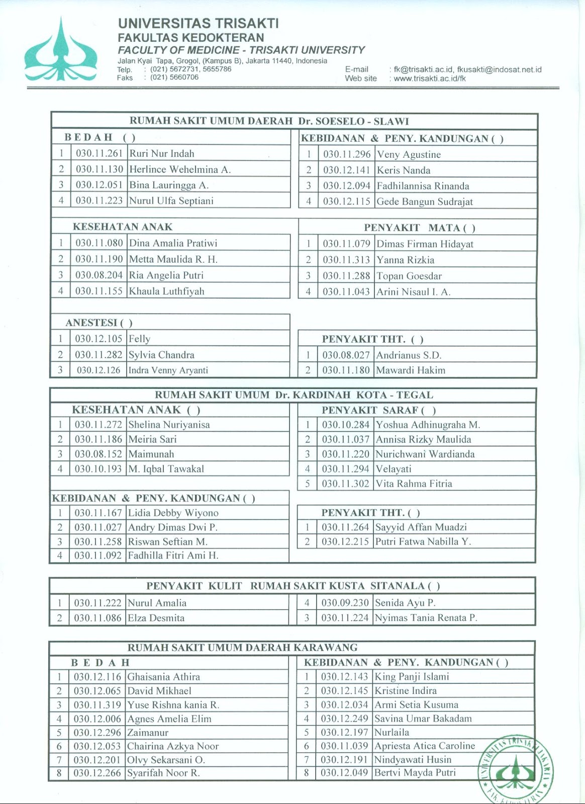 PSPPD FK USAKTI: Pengumuman Kepaniteraan Klinik Periode 10 Oktober 2016