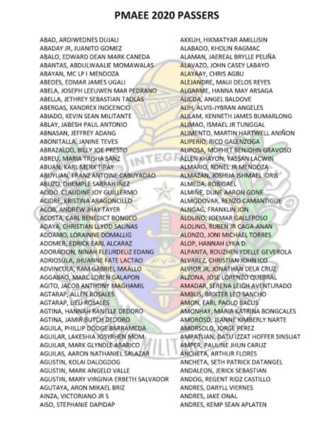 A-G list of passers: PMA entrance exam PMAEE 2020 result