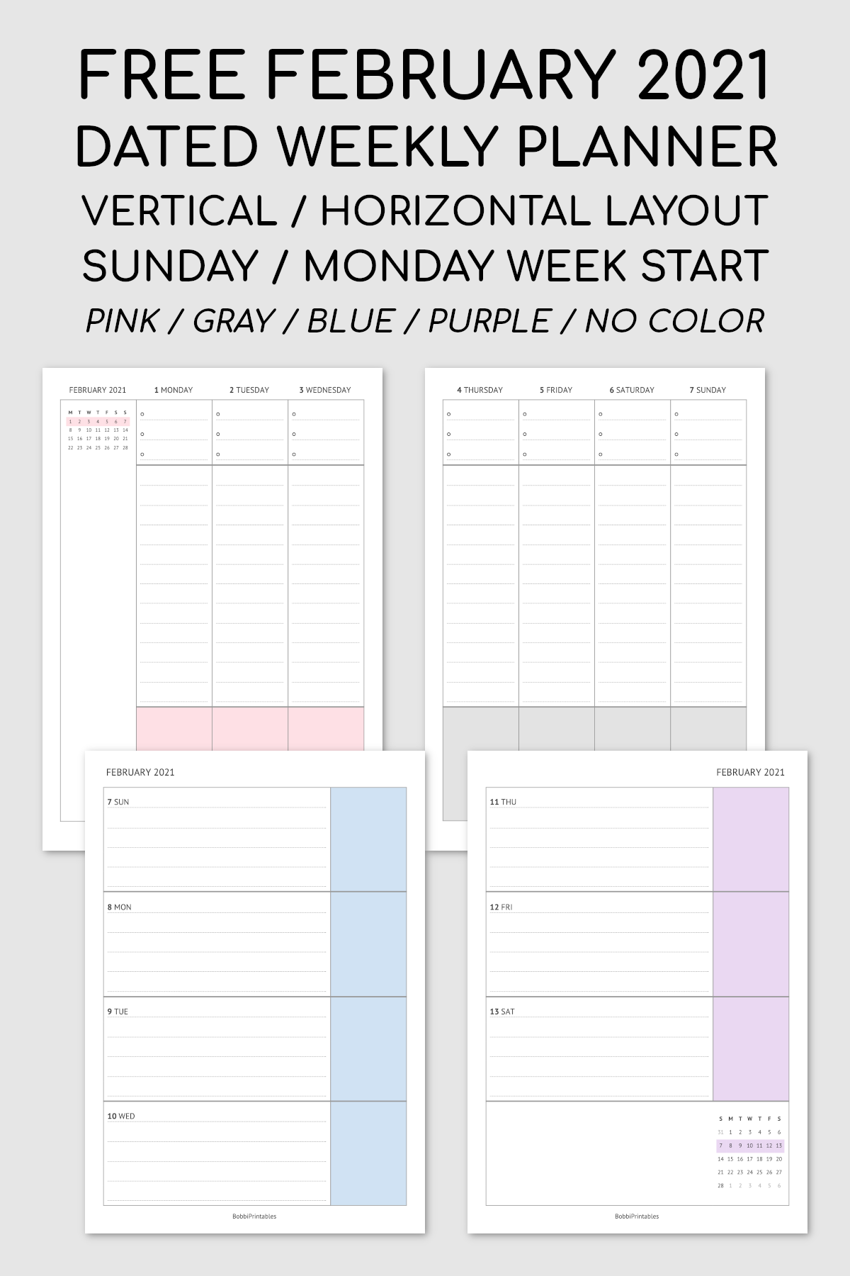 Printable February 2021 Weekly Planner - Week on Two Pages