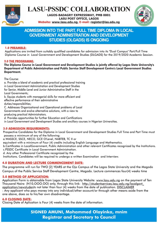 LASU Diploma in LG Administration Form 2019/2020 | Full & Part-Time