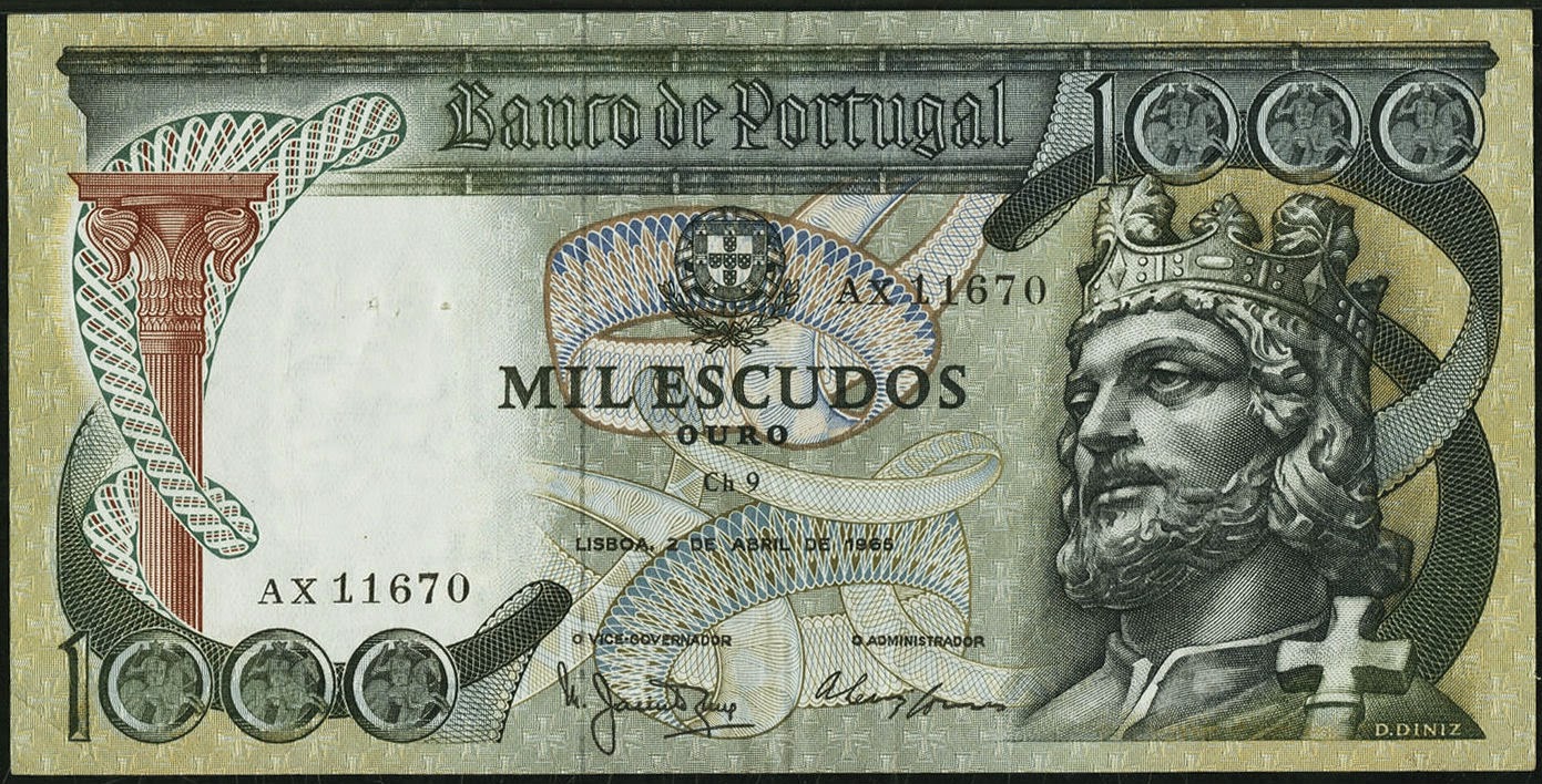 Portugal 1000 Escudos banknote 1965 Dom Diniz|World Banknotes & Coins ...