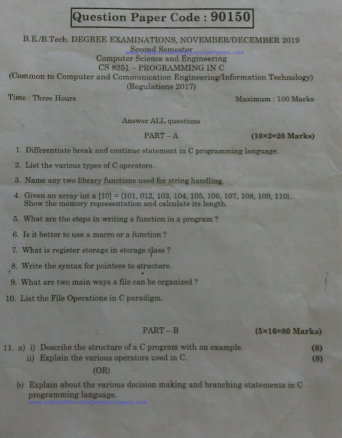 CS8251 Programming in C Nov Dec 2019 Question Paper - University ...