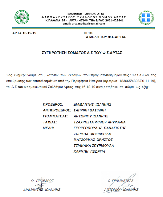 Φαρμακευτικός σύλλογος Άρτας: ΣΥΓΚΡΟΤΗΣΗ ΣΕ ΣΩΜΑ Δ.Σ ΤΟΥ Φ.Σ.ΑΡΤΑΣ