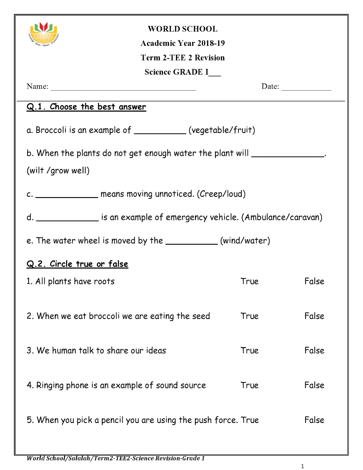 Birla World School Oman Revision Worksheets For Grade 1 As On 13 05 2019