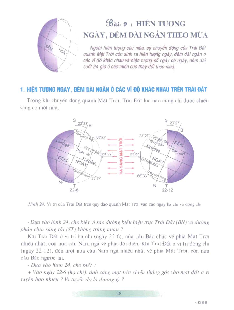 Bài 9. Hiện tượng ngày, đêm dài ngắn theo mùa - Sách Giáo Khoa Địa Lí Lớp 6