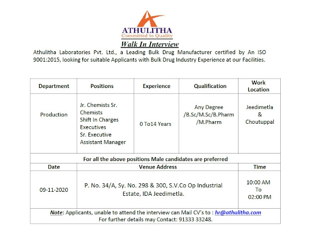 Walk-Ins for Freshers & Experienced B.Sc / M.Sc / B.Pharm / M.Pharm / Any Degree - Production on ...
