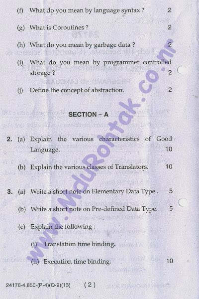 Programming Language - PL - B.Tech. 4th Semester Question Paper