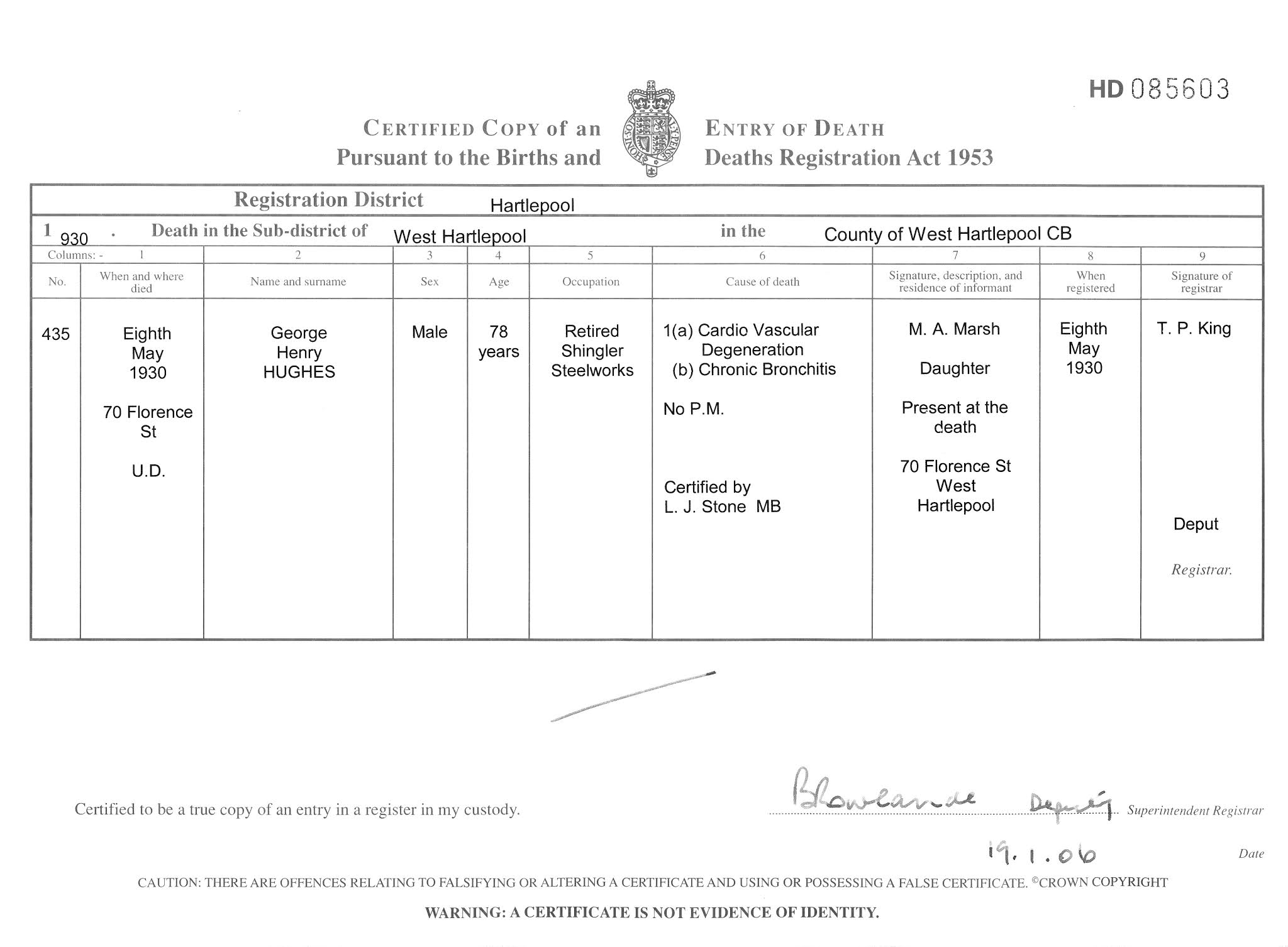 Flipside: Addendum to Burial of George Henry Hughes and Mary Ann Storey ...