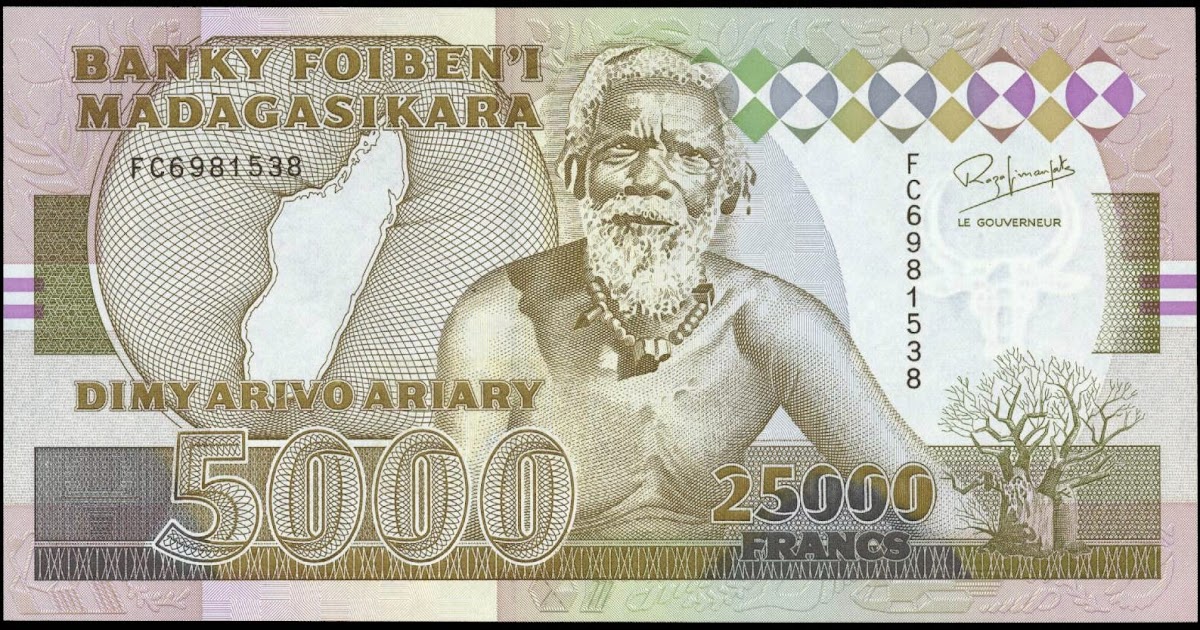 Madagascar 25000 Francs = 5000 Ariary banknote 1993|World Banknotes ...