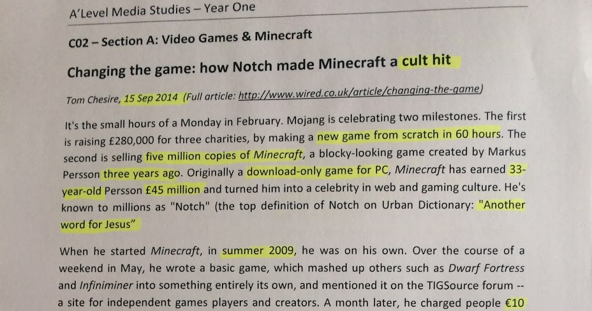 A Level Media: Minecraft highlighted article