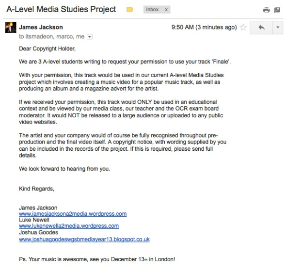 Josh Goodes A2 Media: Copyright Permission Email - by Josh