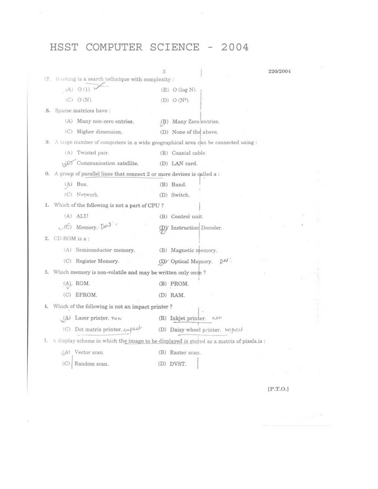 PSC HSST COMPUTER SCIENCE: HSST CS QP 220/2004 - PART I