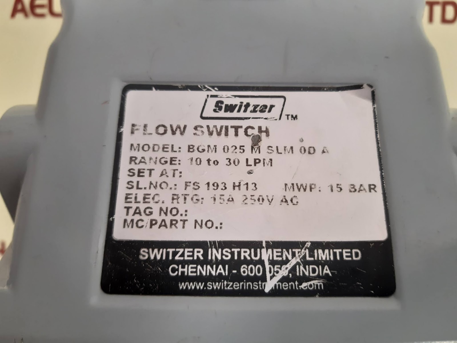 SWITZER INSTRUMENT BGM 025 M SLM 0D A FLOW SWITCH - Aeliya Marine