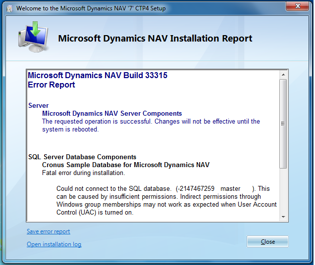 Could Not Connect To The Sql Database 2147467259 Master This Can Be Caused By Insufficient