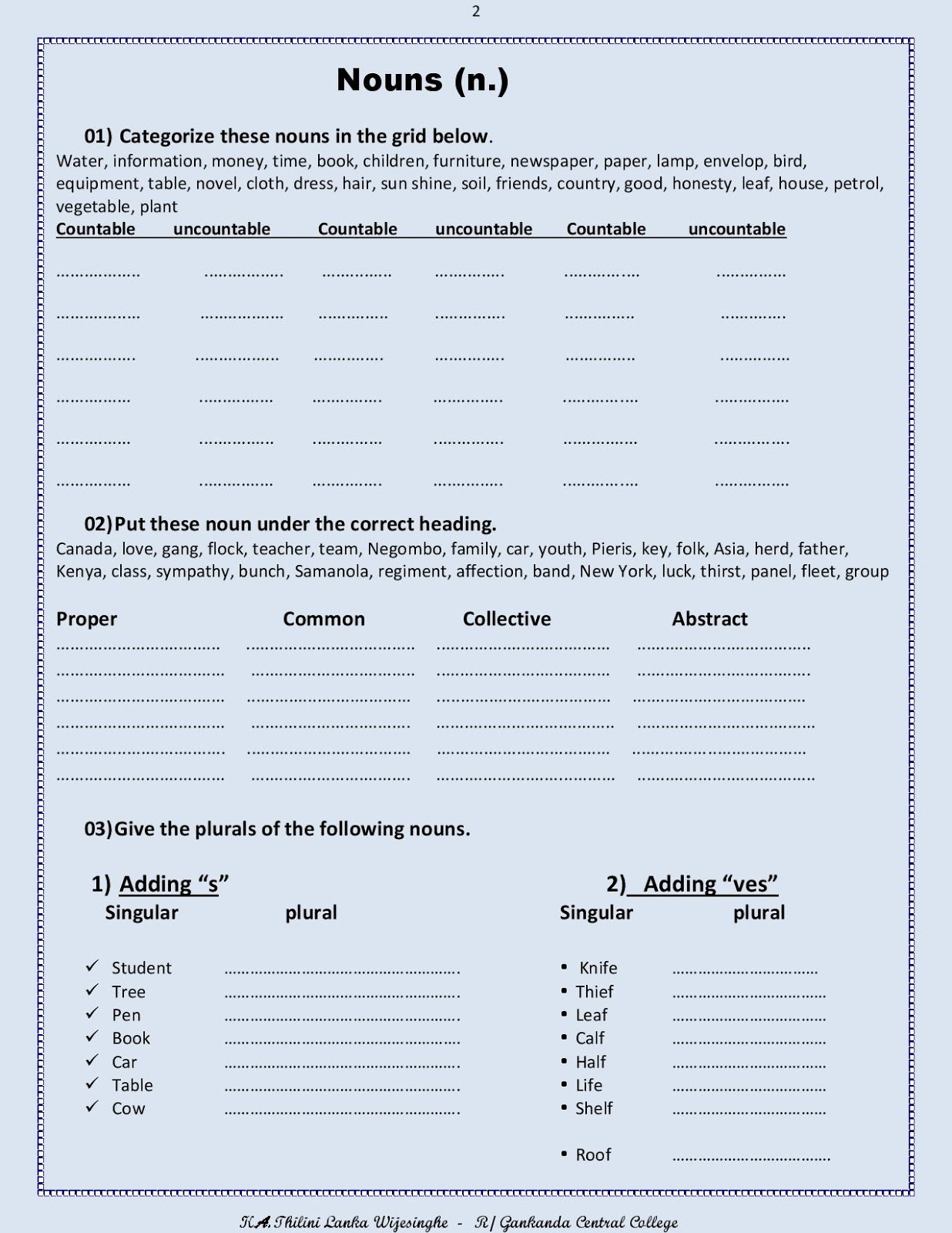 Anuladevi Balika Vidyalaya - Galle: Grade 8 -English Assignment