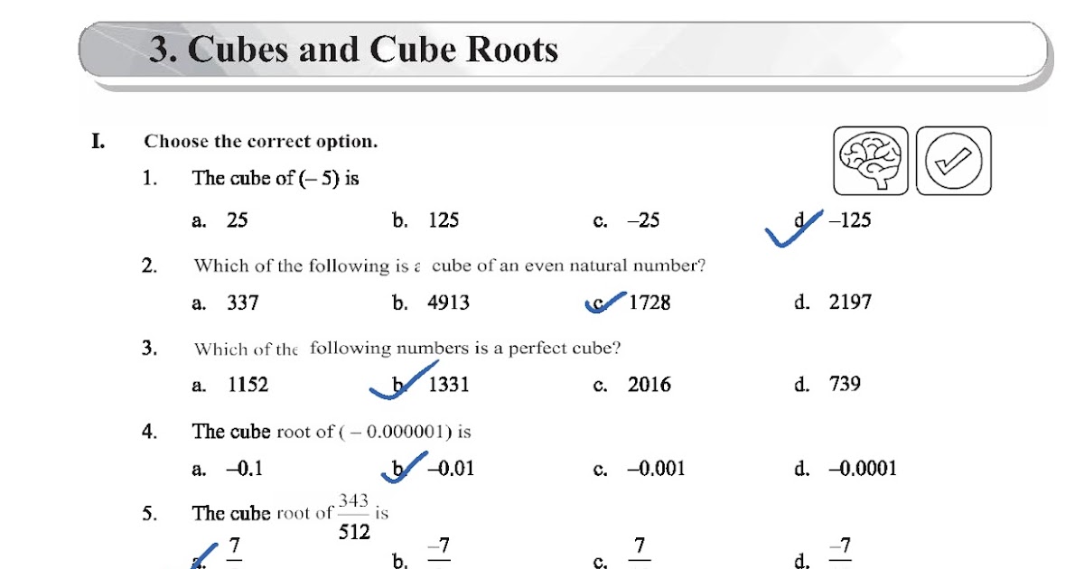 Math Ch-3 Cube and Cube roots Workbook Answer Scheme